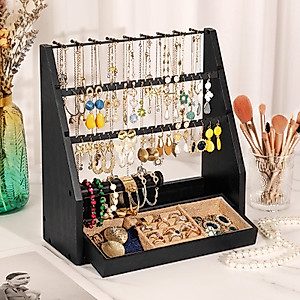 DGWJSU Earring Organizer, 5 Layer Earring Holder Organizer with Necklace Holder, Rustic Wood Jewelry Organizer Stand Display for Stud Earring Bracelet Necklace Ring, Watches
