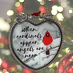 Memorial Cardinal Sun Catcher - When Cardinals Appear Angels are Near Saying - Heart Shaped Glass Sun Catcher with Cardinals and Winter Scene. Measures 4 ¼” H x 4” W.