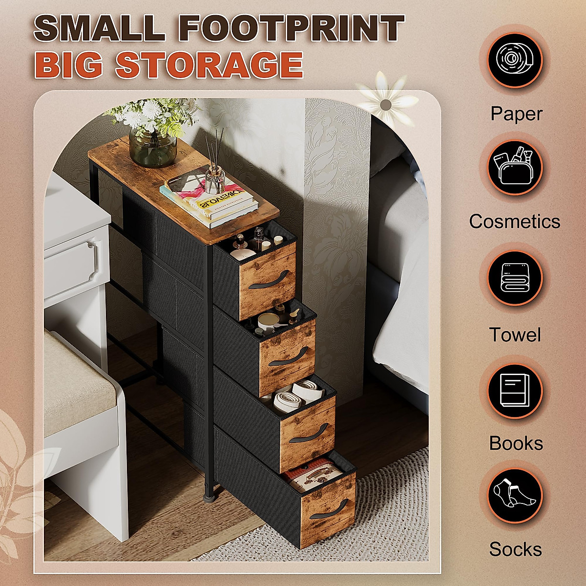 EKNKOZY Narrow Dresser Storage Tower with 4 Drawers, Slim Dresser Chest of Drawers with Steel Frame, Wood Top, Dresser for Bedroom, Bathroom, Small Spaces, Laundry, Closet (Rustic Brown)