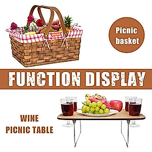 Woodchip Picnic Basket for 4 with Portable Wine Table, Woven Basket with Double Swing Handles & Removable Cutlery Service Kit, Large Basket for Picnic, Camping, Family, Wedding Gifts for Couple,Red