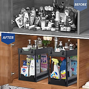 Under Sink Organizer, Sliding Cabinet Basket Organizer 2 Tier Under Bathroom Storage Rack with Hooks, Multi-purpose Storage Shelf for Bathroom Kitchen (White, 2 Pack)