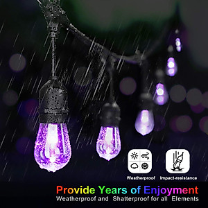 Mlambert 48FT Outdoor Patio Lights, RGB Cafe String Lights with 15 E26 S14 Shatterproof Edison Bulbs, Commercial Grade Dimmable String Lights for Bistro Backyard Garden, 2 Remote Controllers
