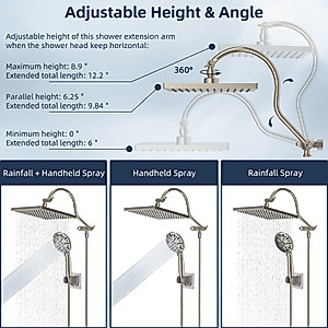 Hibbent 10" Thickness Metal Rainfall Shower Head/Handheld Showerhead Combo with 12'' Adjustable Curved Shower Extension Arm, 7-Spray, 71'' Hose, Adhesive Showerhead Holder, Brushed Nickel