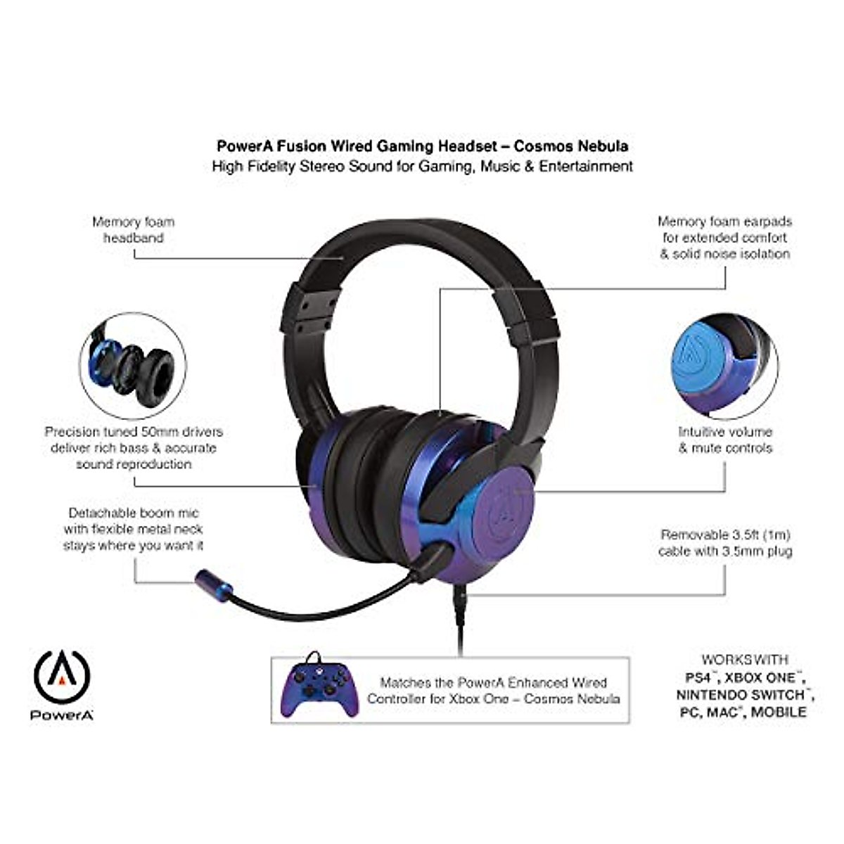 PowerA Fusion Wired Stereo Gaming Headset with Mic for PlayStation 4, Xbox One, X, Xbox One S, Xbox 360, Nintendo Switch, PC, Mac, VR, Android, and iOS - Cosmos Nebula - Xbox 360; Xbox