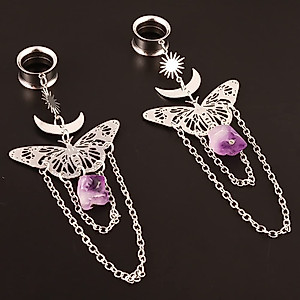 DOEARKO 2PCS New Butterfly-Pendant Hypoallergenic Stainless Steel Dangle Ear Plugs Tunnels Ear Gauges Stretcher Pair Selling 2g 0g Piercing Body Jewelry (10mm(00G), Silver)