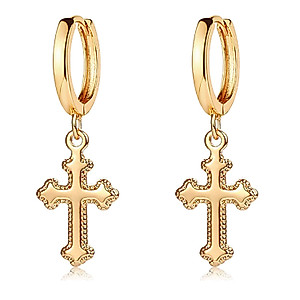 MEVECCO Tiny Cross Hoop Earrings 14K Gold Plated Dainty Minimalist Simple Faith Cross Dangle Huggie Earrings For Women Jewelry Gift