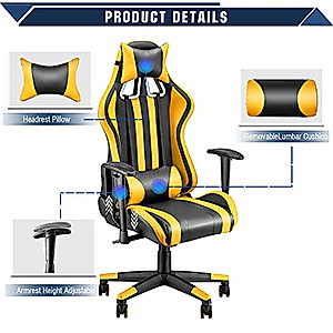 Soontrans Rocking Gaming Chair,PC Computer Chair,Home Office Chair,Racing Chair with Adjustable Recliner and Armrest with Headrest Lumbar Pillow Support (Yellow)