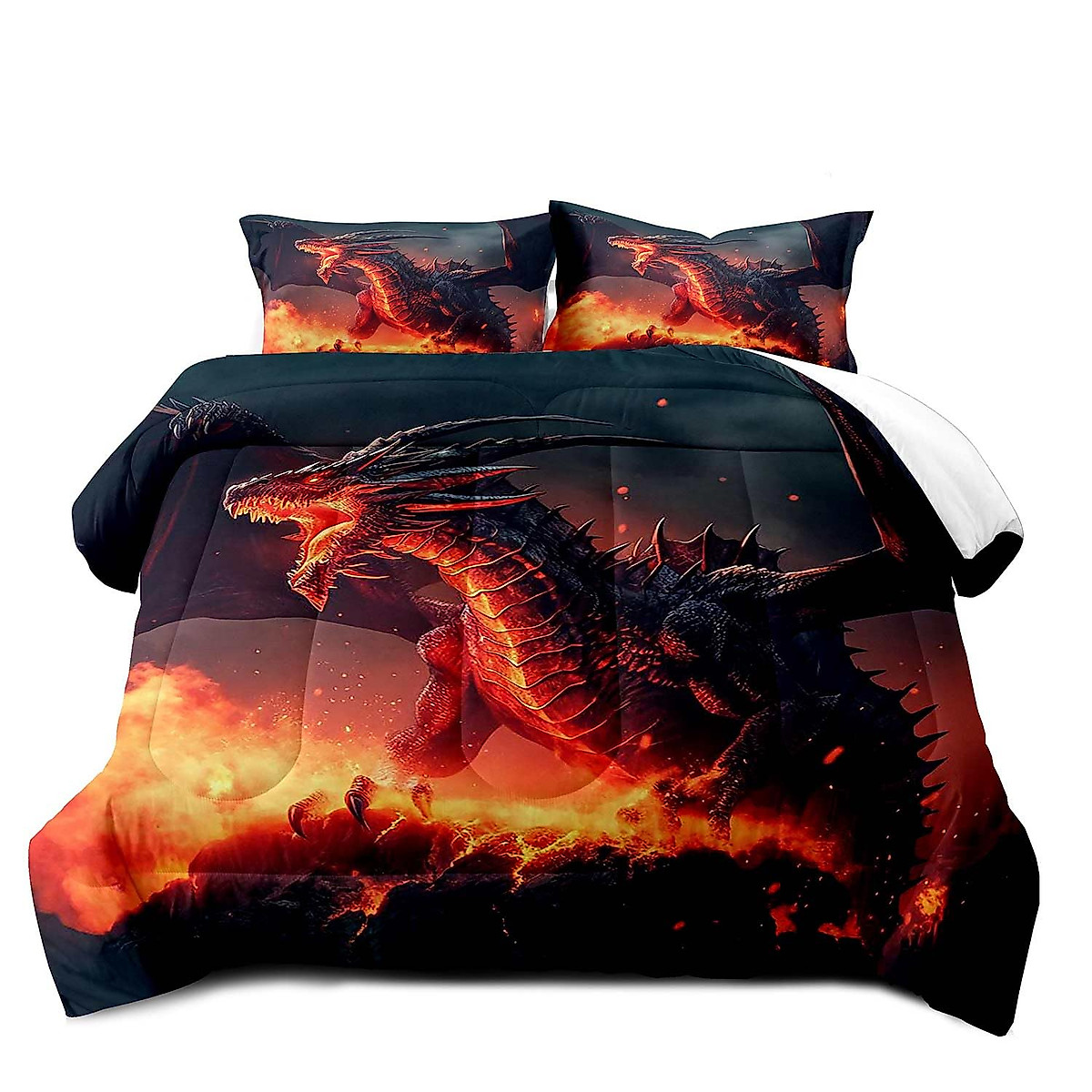LUVIVIHOME 3PCS Fire Dragon Comforter Set Full Size, Kids Teens Boys Comforter, Black Red Dragon Bedding, Cool Fantasy Dragon Bedroom Decor, Dragon Gifts for Men, Soft Microfiber Quilt, 2 Pillow Shams