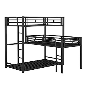 GINGVAT Metal Twin Size Triple Bunk Bed L-Shaped for 3 People, Sturdy Loft Bed Frame with 2 Ladders and Guardrails for Kids, Adults, Black