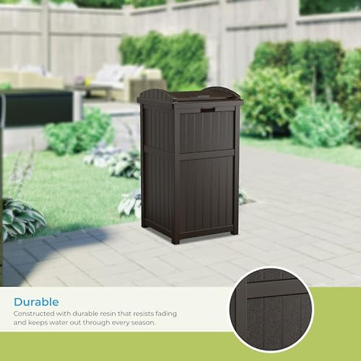 Suncast 33 Gallon Durable Plastic Hideaway Outdoor Garbage Can with Secure Lid and Wicker Design for Home Backyards, Decks, or Patios, Java Brown