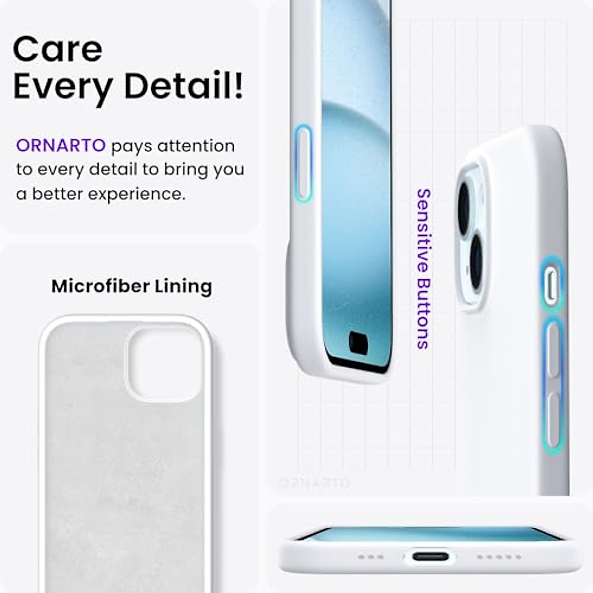 ORNARTO Compatible with iPhone 15 Case 6.1, Slim Liquid Silicone 3 Layers Full Covered Soft Gel Rubber Phone Case, Anti-Scratch Shockproof Protective Cover 6.1 Inch, White