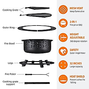 Cityflee 32 Inch Fire Pit for Outside with 2 Grills, Outdoor Wood Burning Firepit Large Steel Firepit for Patio Backyard Picnic Garden with Wood Grate & Poker