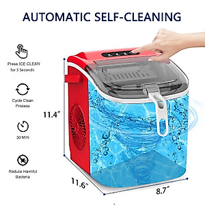 Joy Pebble Ice Maker Countertop with Handle, Self-Cleaning Portable Ice Machine with Basket and Scoop, 9 Cubes in 6 Mins, 26Lbs/24H Handheld Ice Maker for Home/Kitchen/Office/Party (Red)