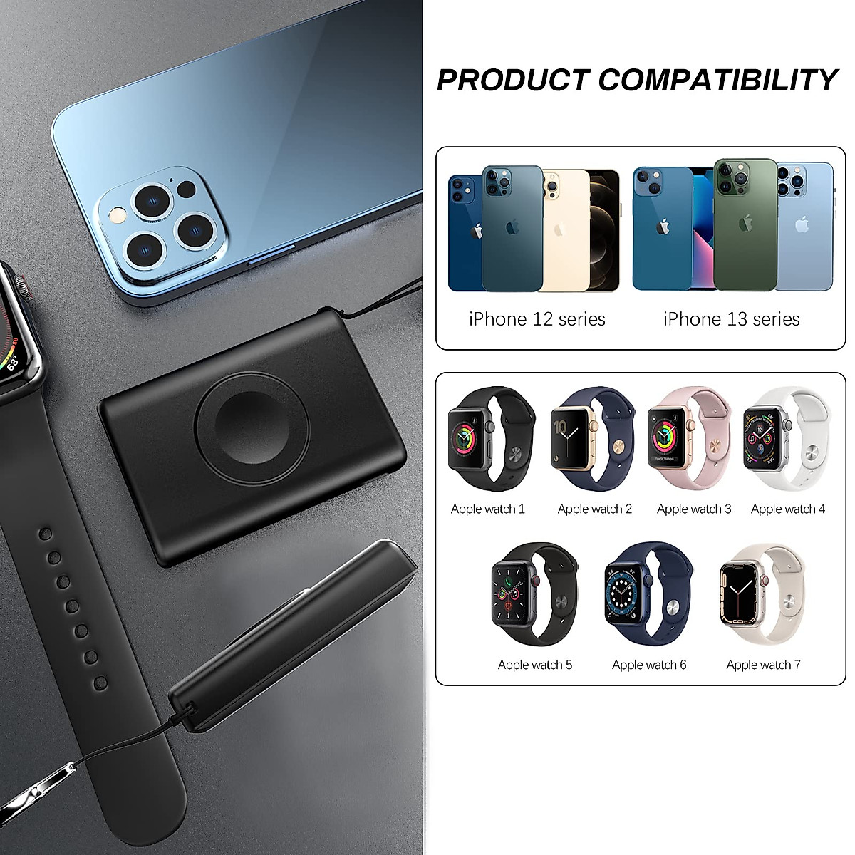 Portable Charger for Apple Watch 8 iPhone, 3000mAh Power Bank Wireless Portable Charger for Mag-Safe iPhone 14 13 Pro Max 12 Pro iWatch 8 7 6 5 4 3 2 Series,Travel Magnetic iWatch Battery Pack