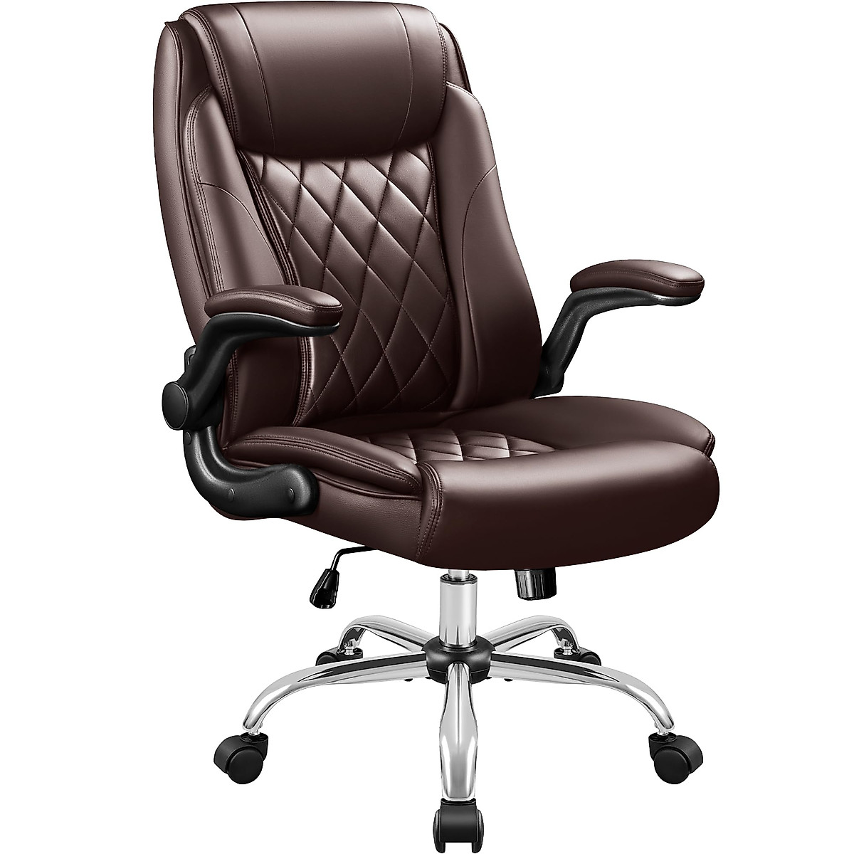 Shahoo Executive Office Chair, Ergonomic High Back with Adjustable Flip-up Armrest, Swivel Leather-Papped Seats with Lumbar Support, Brown