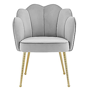 Iconic Home Mia Rose Dining Side Chair Velvet Upholstery Scalloped Clamshell Back Gold Plated Solid Metal Legs (1 Piece) Modern Transitional, Silver