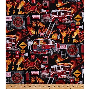 Cotton Firefighters Firemen Fire Engines Trucks Dalmatians Dogs Fire Department Emblem Equipment Flames Heroes Rescue Cotton Fabric Print by The Yard (FIRE-C5501)