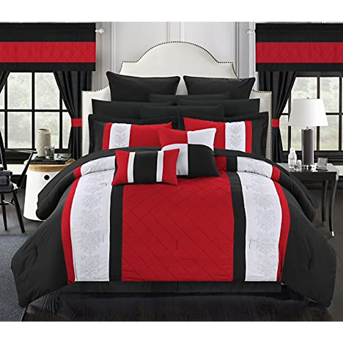 Chic Home 24 Piece Danielle Complete Pin Tuck Embroidery Color Block Bedding, King, Red