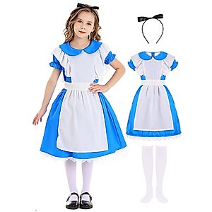 KFVZIU Girls Princess Costume Kids Halloween Costume Peter Pan Collar Blue Dress Princess Cosplay with White Apron Socks Hairband KF004XS