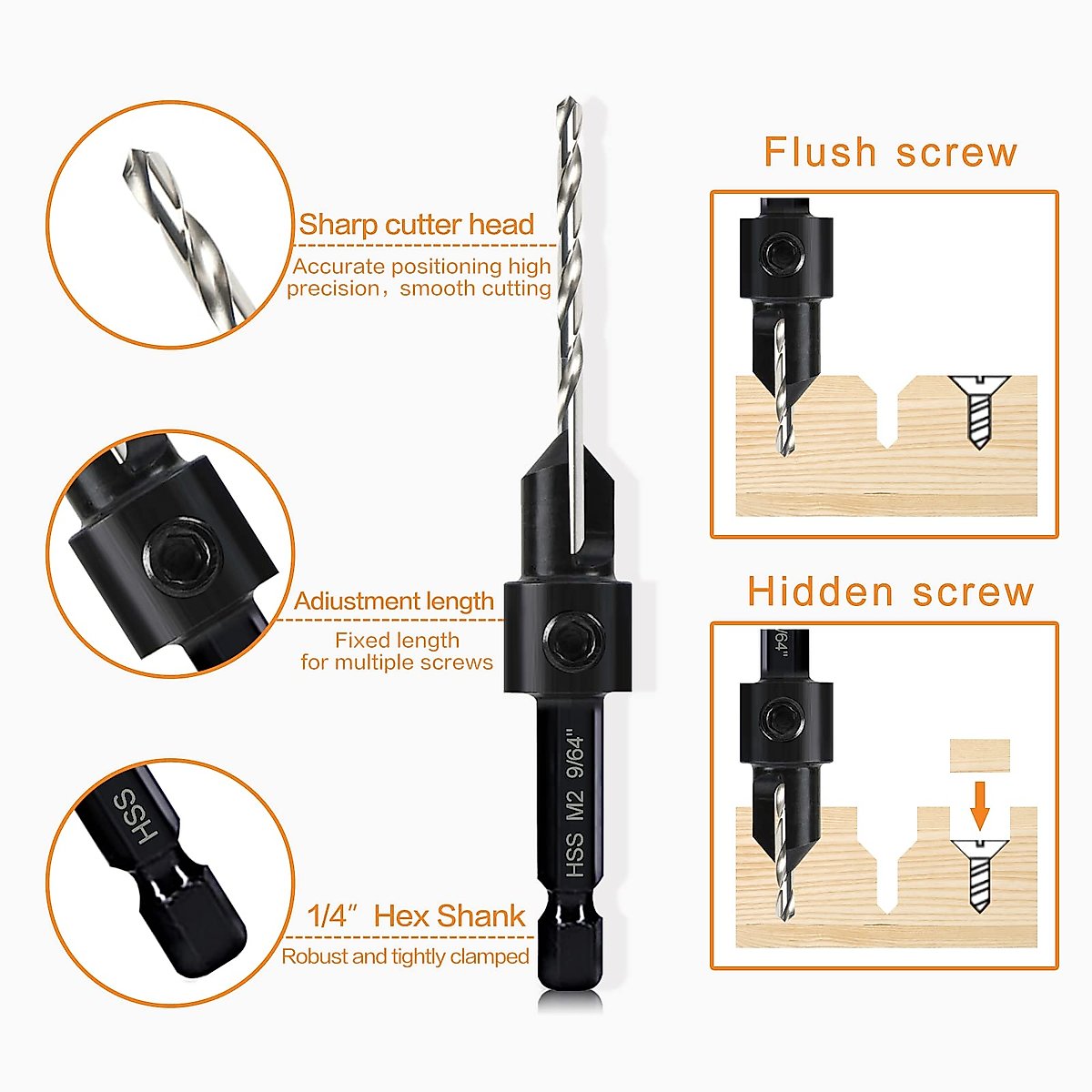 5-pc Woodworking Countersink Counterbore Drill Bit Set 3in1 for #6 8 10 12 16 Screws, M2 Pilot Drill Bits Adjustable Depth, 82-Degree Chamfer with Stop, 1/4” Hex Shank, Includes 2 Allen Wrenches