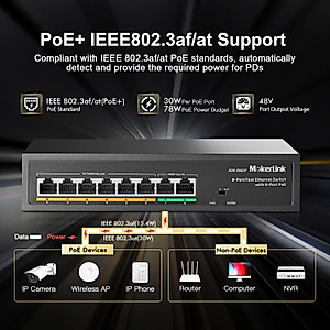 MokerLink 8 Port PoE Switch with 6 PoE+ Port, 2 Uplink, 100Mbps, 78W AI Detection IEEE802.3af/at, Fanless Metal Plug & Play Network Switch
