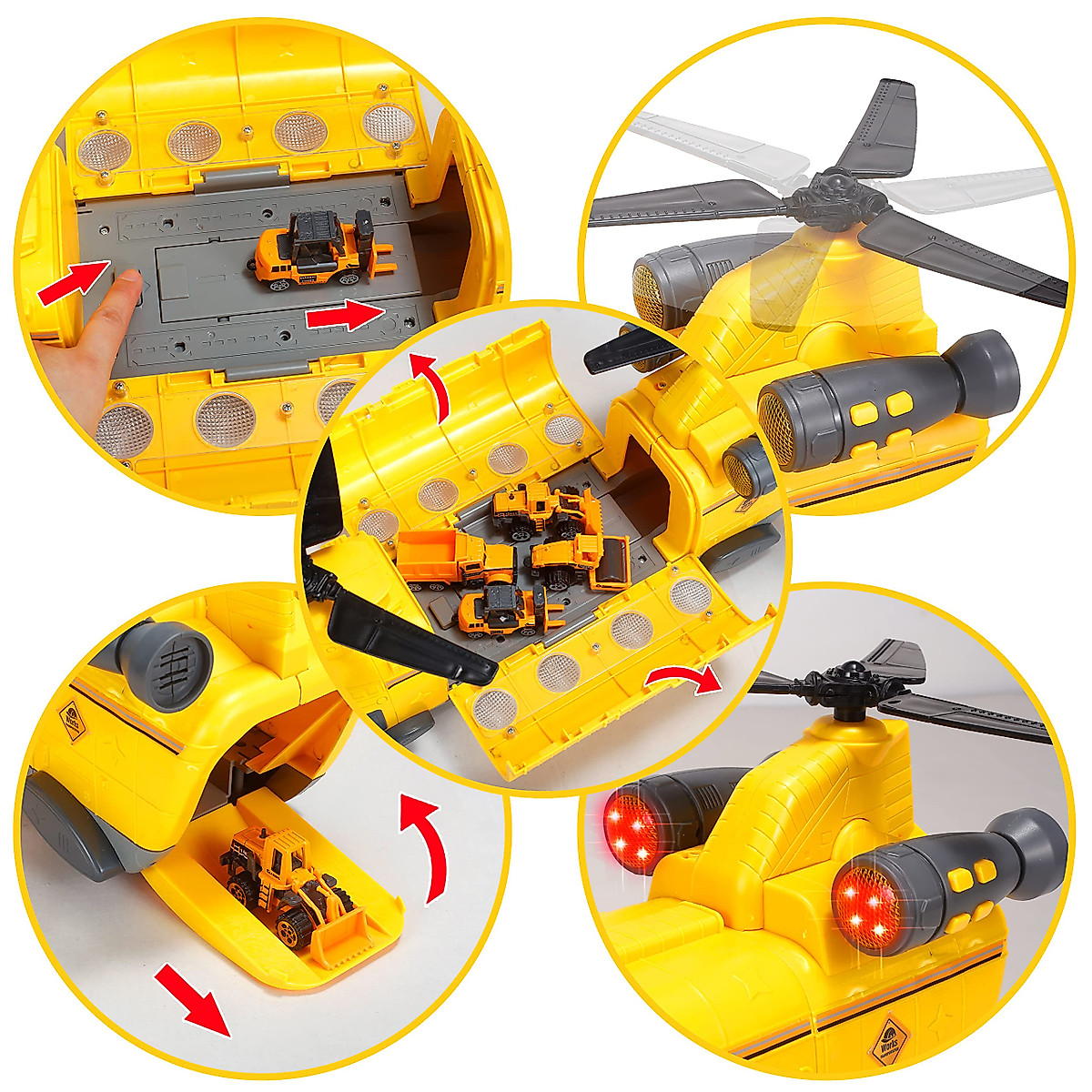 JOYIN Construction Transport Cargo Toy Airplane Car Play Set Including 1 Transport Helicopter with Real Lights, 6 Diecast Vehicles, 12 Action Figures, Birthday Gift for Boys and Girls (Yellow)
