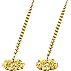 Outus 2 Pieces Hollow Round Pen Holder Signing Pen Set for Wedding Bridal Engagement Guests Book Valentine's Day Favor (Gold Style)