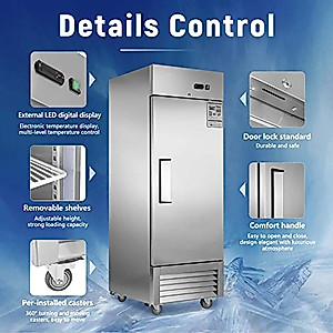 JINSONG 27" Commercial Refrigerator with Single Solid Door, 23 cu.ft Stainless Steel Reach-in Refrigerator for Restaurant, Bar, Shop, Residential