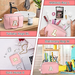 TOPEAST Makeup Bag Set, 4 Pack Initial Cosmetic Bags Chenille Letter Bags Travel Toiletry Bag Waterproof Nylon Makeup Pouch with Handle, Personalized Birthday Gift for Women Girls, Letter A
