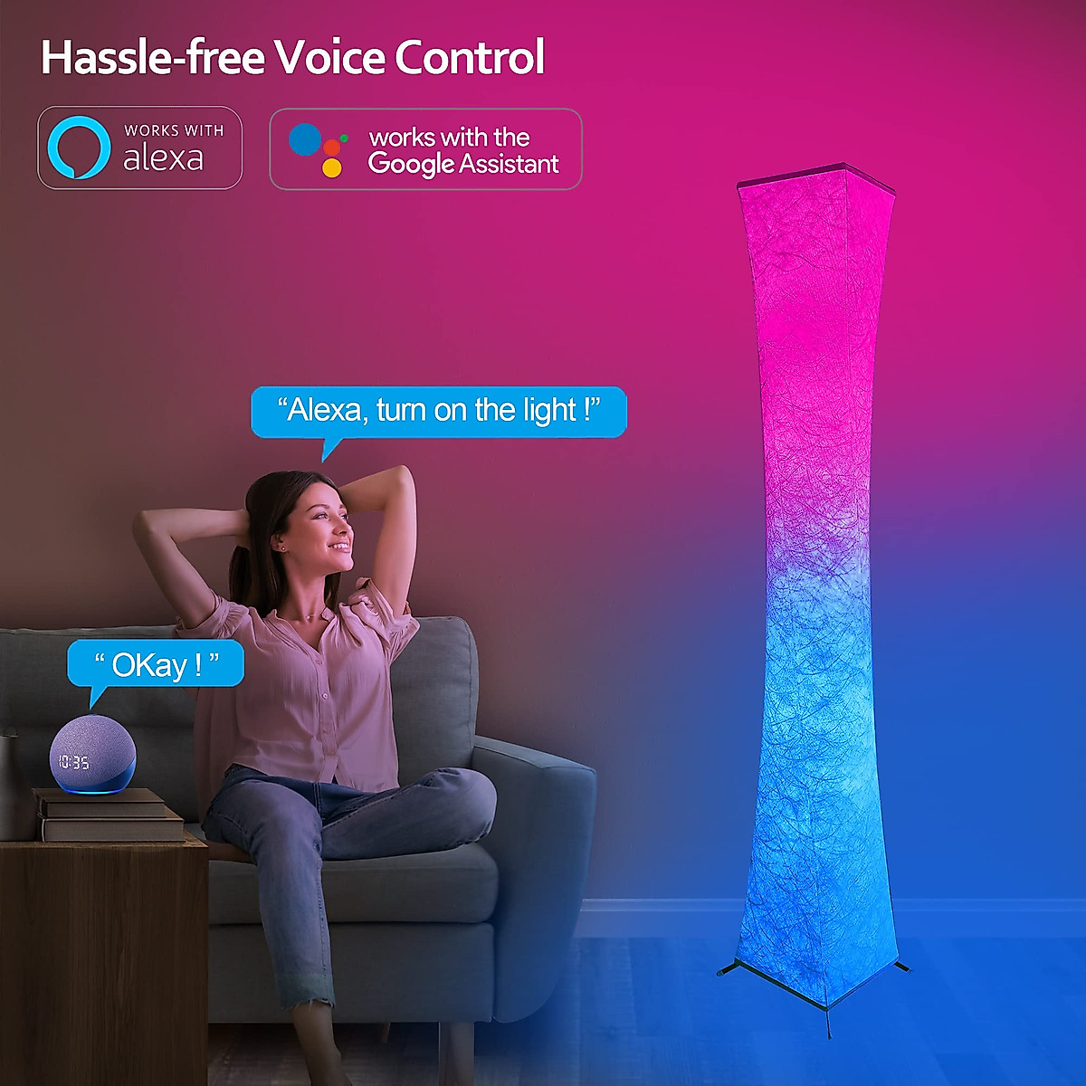 MAYOMAJO 61 Inch Smart Floor Lamp, Soft Light RGB Color Changing, Voice Control, Compatible with Alexa & Google Home, Music Sync Mood Lighting for Living Room Bedroom Party Decor