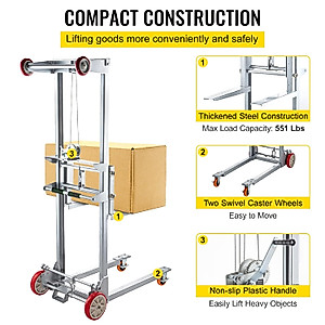 VEVOR 41.7" L x 25.8" W x 72.4" H Manual Winch Stacker, with 2.4" - 63" Height Range and 551 lbs Capacity, Adjustable Straddle Hand Winch Lift Truck, Material Lifts for Warehouse and Factory