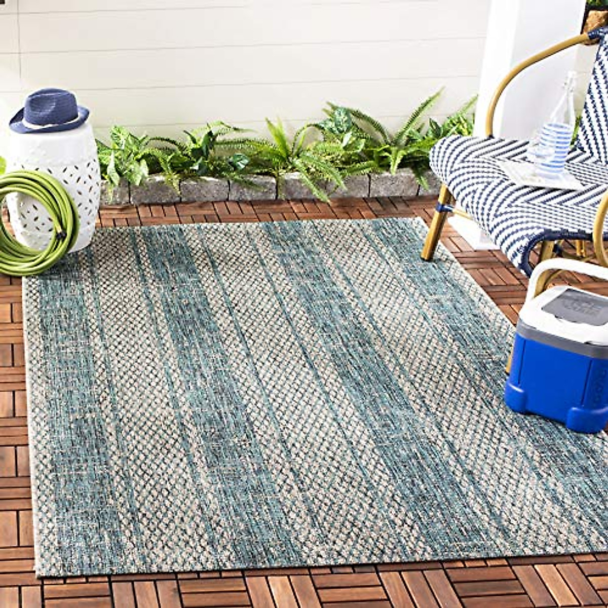 SAFAVIEH Courtyard Collection CY8736 Indoor/ Outdoor Non-Shedding Easy Patio Backyard Porch Deck Mudroom Area, 5'3" x 7'7", Light Grey / Teal