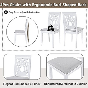 Harper & Bright Designs 5-Piece Mid-Century Dining Table Set, Solid Wood Extendable Round Dining Table with 4 Upholstered Chairs, Dining Room Kitchen Table Chairs Set, White