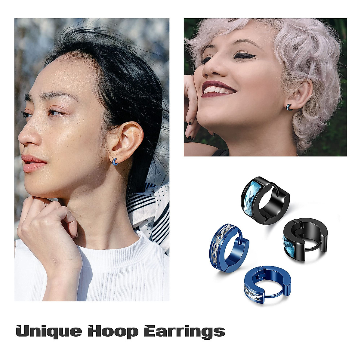 Jovivi 4 Pairs Mens Womens Stainless Steel Fashionable Multi-style Set Luxury Blue Hinge Snap Huggie Hoop Earrings 18G
