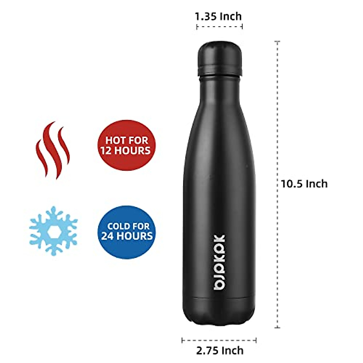 BJPKPK Insulated 17oz Stainless Steel Water Bottles, Sports Water Bottles Keep Cold for 24 Hours and Hot for 12 Hours,Midnight Black