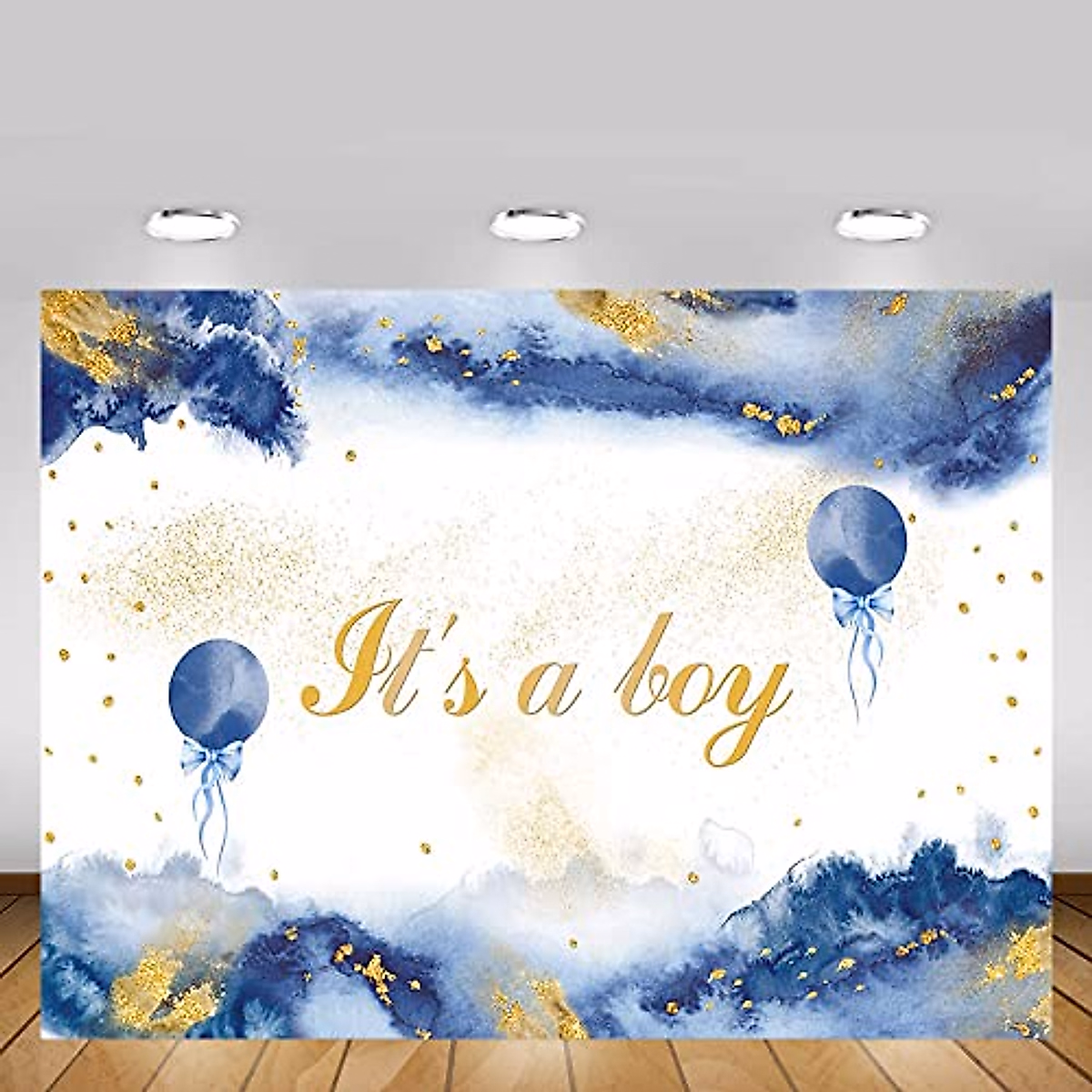 MEHOFOND 7x5ft Royal Blue Watercolor Baby Shower Backdrop for Boys Oh Baby Blue Watercolor Clouds Gold Glitter Baby Shower Photography Background It's A Boy Party Banner Photoshoot Props