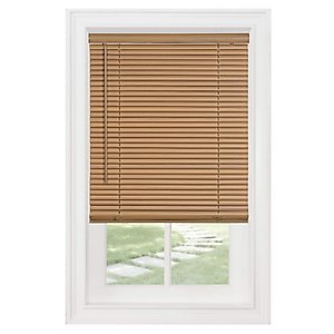 PowerSellerUSA 1" Slats Cordless Window Blinds, 64L x 35W Inches Solid Pattern Light Filtering Vinyl Indoor-Outside Ceiling Mount Mini Blind, Manual Cordless Rollup Window Privacy Blinds, Woodtone