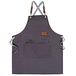 Chef Apron,Cross Back Apron for Men Women with Adjustable Straps and Large Pockets,Canvas,M-XXL (Grey)
