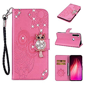 COTDINFORCA Compatible with Xiaomi Redmi Note 8 Case Glitter Wallet Case Leather with Card Slots Flip Case for Women Crystal Owl Embossing Shockproof Case for Xiaomi Redmi Note 8 Pink YK