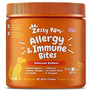 Zesty Paws Dog Allergy Relief - Anti Itch Supplement - Omega 3 Probiotics for Dogs - Digestive Health - Soft Chews for Skin & Seasonal Allergies - with Epicor Pets - Salmon 90 Count