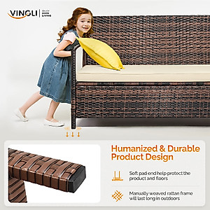 VINGLI 40 Gallon Outdoor Bench with Storage, Wicker Deck Box, Rattan Outdoor Storage Box, Patio Sofa Storage Bench with Cushion for Porch, Yard, Lawn, Garden (Brown)