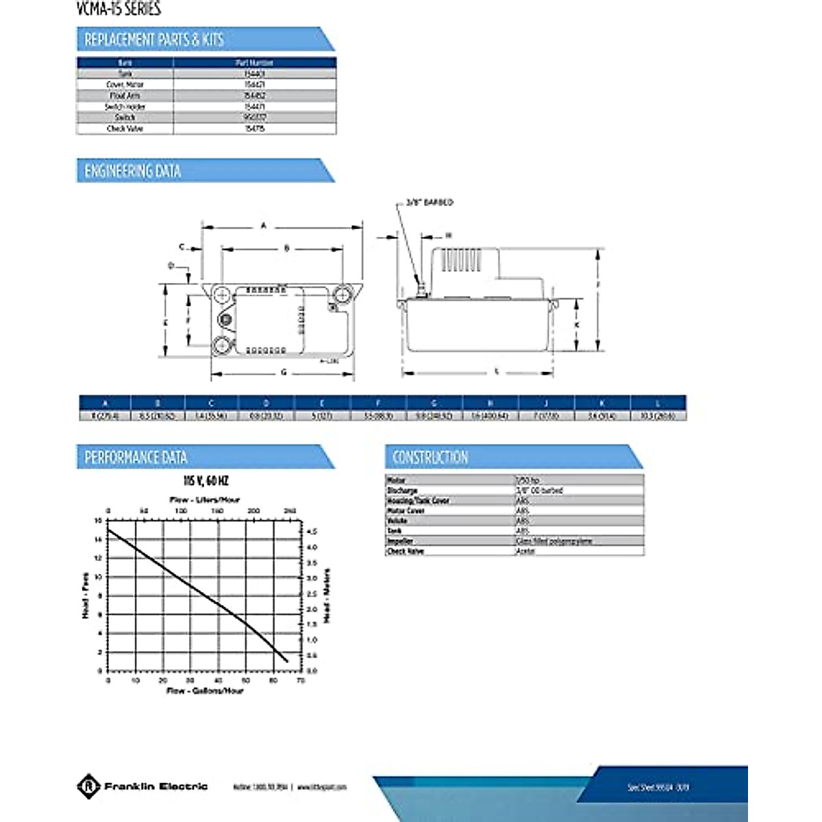 Little Giant VCMA-15ULST 115 Volt, 65 GPH, 1/50 HP Automatic Condensate Removal Pump with Safety Switch and Tubing, Black/White, 554415