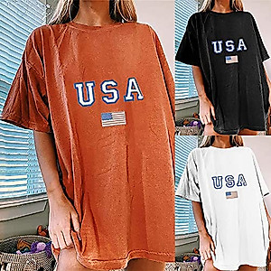wodceeke Women's Independence Day Off-The-Shoulder Crew Neck Top T-Shirt Funny USA Flag Print Tee Casual Loose Tops (Black, XL)
