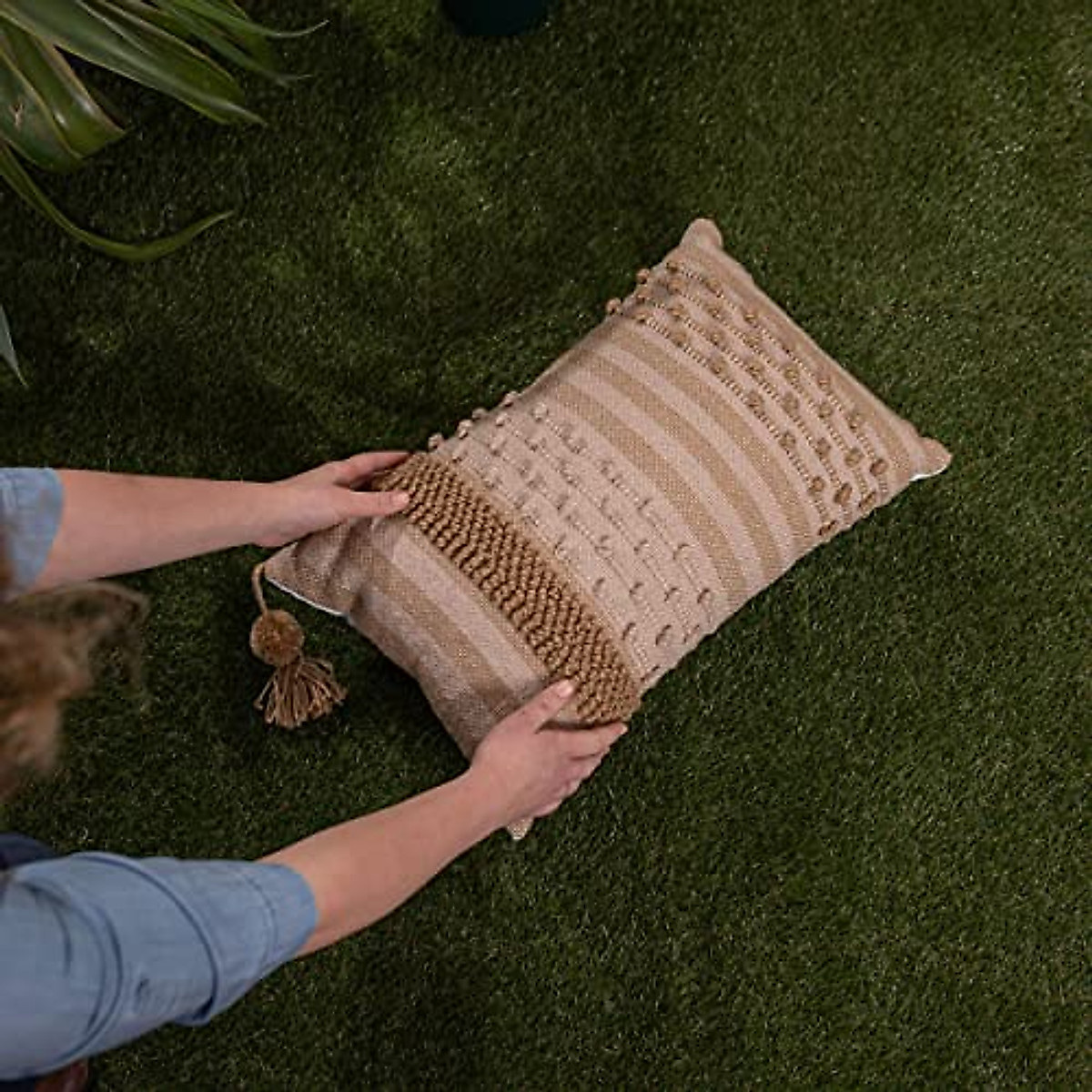 Foreside Home & Garden Tan Pulled Knot 14X22 Hand Woven Filled Outdoor Pillow