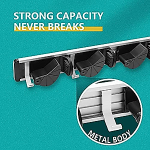 TKISZYZR Mop and Broom Holder Wall Mount Metal Pantry Organization and Storage, Mop Broom Hanger Wall Mount Garden Tool Organizer for Home Goods (4 Positions with 4 Hooks, Black)