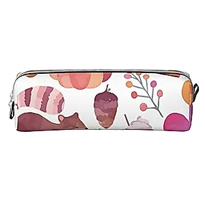 allgobee Pu Leather Pencil Bag Pen Case Autumn-Watercolor-Squirrel-Hedgehog Students Stationery Pouch Pencil Holder Desk Organizer