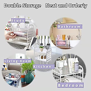 Wellcun Plastic Kitchen Organization Storage Shelf Rack, 2 Tier Cabinet Shelf Organizers, Office Desk Shelf Organizers and Accessories White, Dresser Organizer, Bathroom Organizer Storage (White)