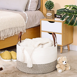 KAKAMAY Large Cotton Rope Blanket Basket (20"x13"),Woven Baby Laundry Hamper，Blanket Basket for Nursery, Laundry, Living Room, Pillows, Toys with Handles （White/Beige）