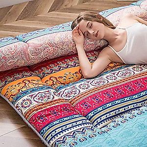 MAXYOYO Bohemian Retro Floor Mattress Vintage Floral Japanese Futon Mattress Roll Up Tatami Floor Mat Foldable Bed Portable Camping Mattress Sleeping Pad Floor Lounger Couch Bed Queen Size