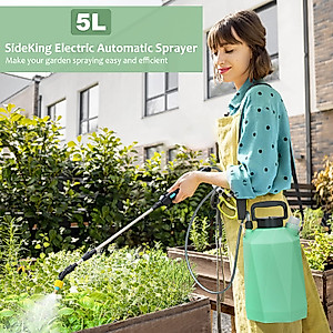 SideKing Battery Powered Sprayer 1.35Gallon/5L, Electric Garden Sprayer with USB Rechargeable Handle, Weed Sprayer with 3 Mist Nozzles, Telescopic Wand, and Shoulder Strap for Lawn and Garden